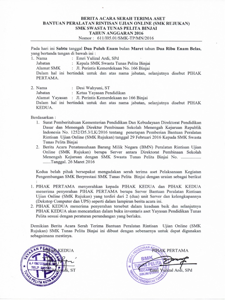 BAST Peralatan Ujian Online SMK Rujukan | PDF