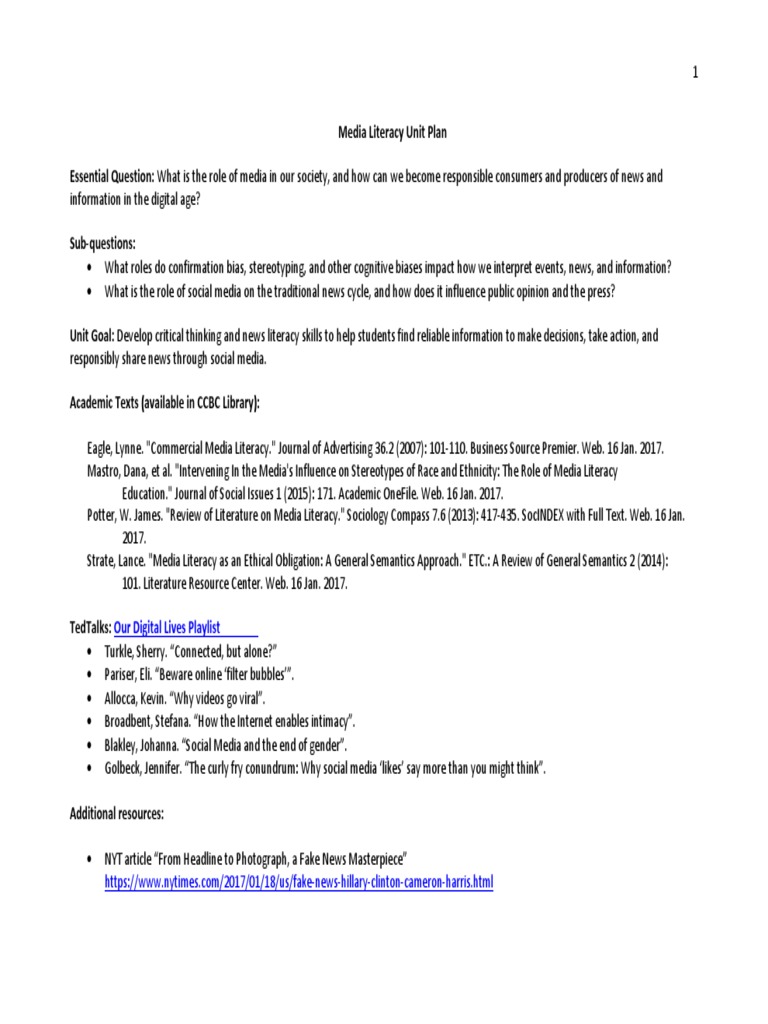 Media Literacy Lesson Plan PDF News Social Media