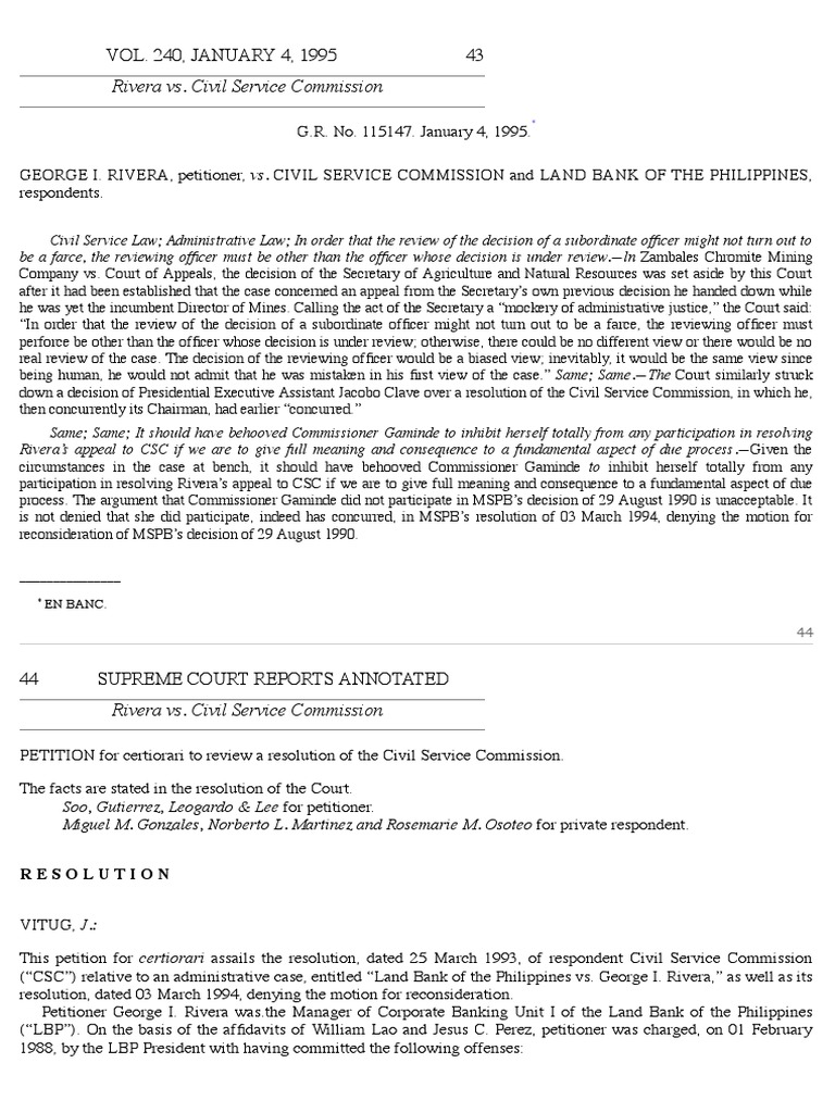 Rivera vs. Civil Service, 240 SCRA 43 (1995) | PDF | Certiorari | Justice