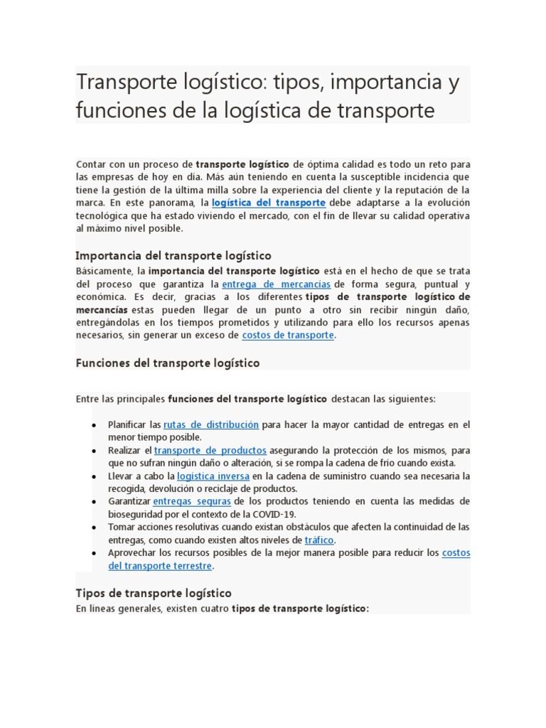 Tipos y funciones del transporte logístico | PDF | Logística | Transporte