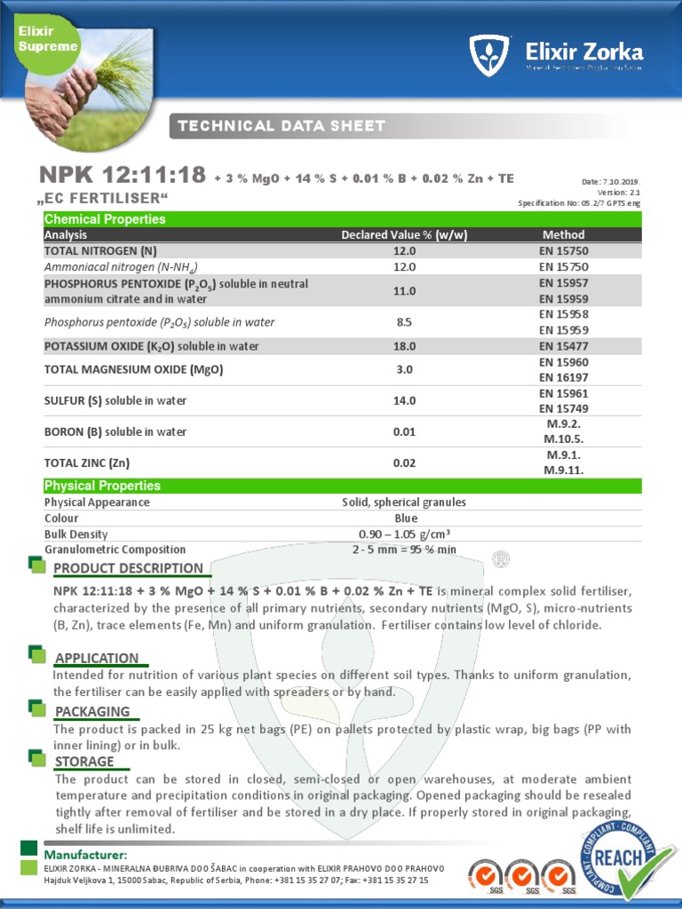 Technical Data Sheet: Ec Fertiliser" | PDF | Fertilizer | Zinc