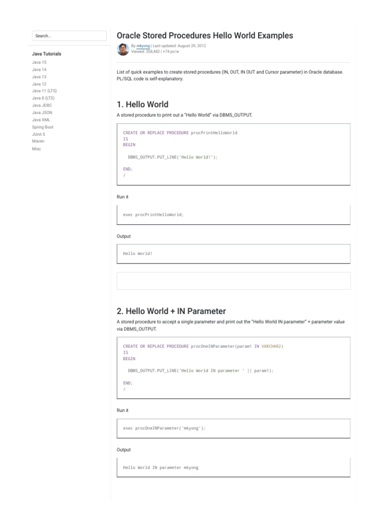Oracle Stored Procedures Hello World Examples | PDF | Parameter (Computer Programming) | Pl/Sql