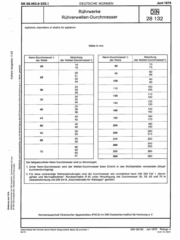 (DIN 28132 - 1976-06) - Rührwerke - Rührerwellen-Durchmesser | PDF