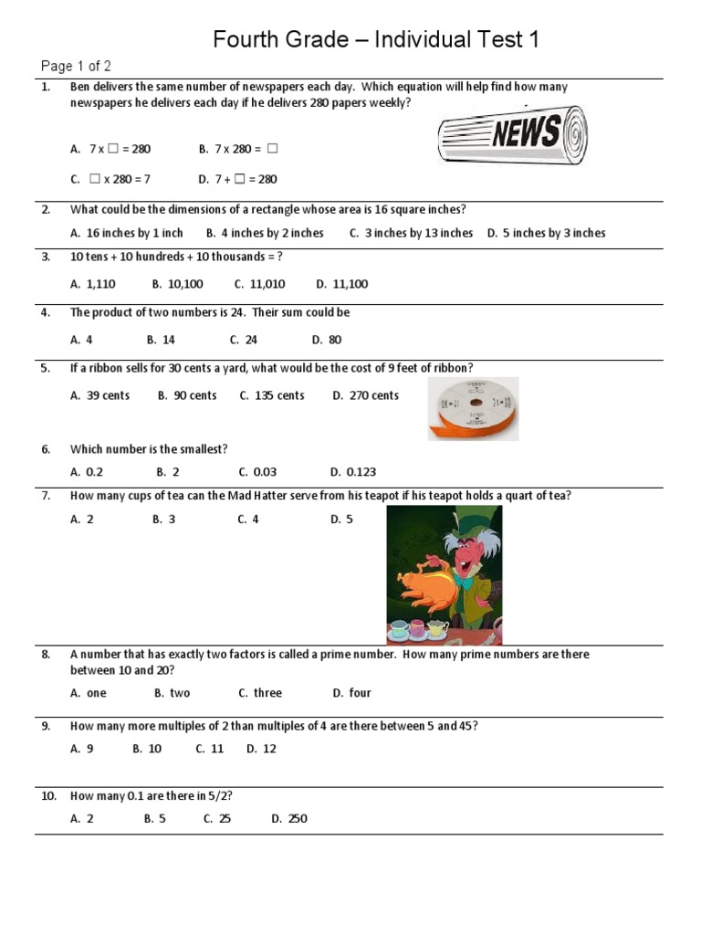 Fourth Grade - Individual Test 1: Page 1 of 2 | PDF | Teaching ...