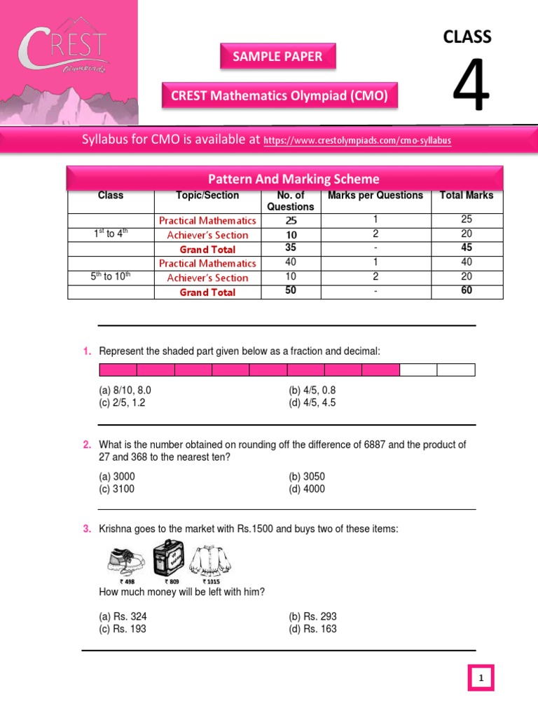 CMO Sample Papers For Class 4 | PDF | Teaching Mathematics