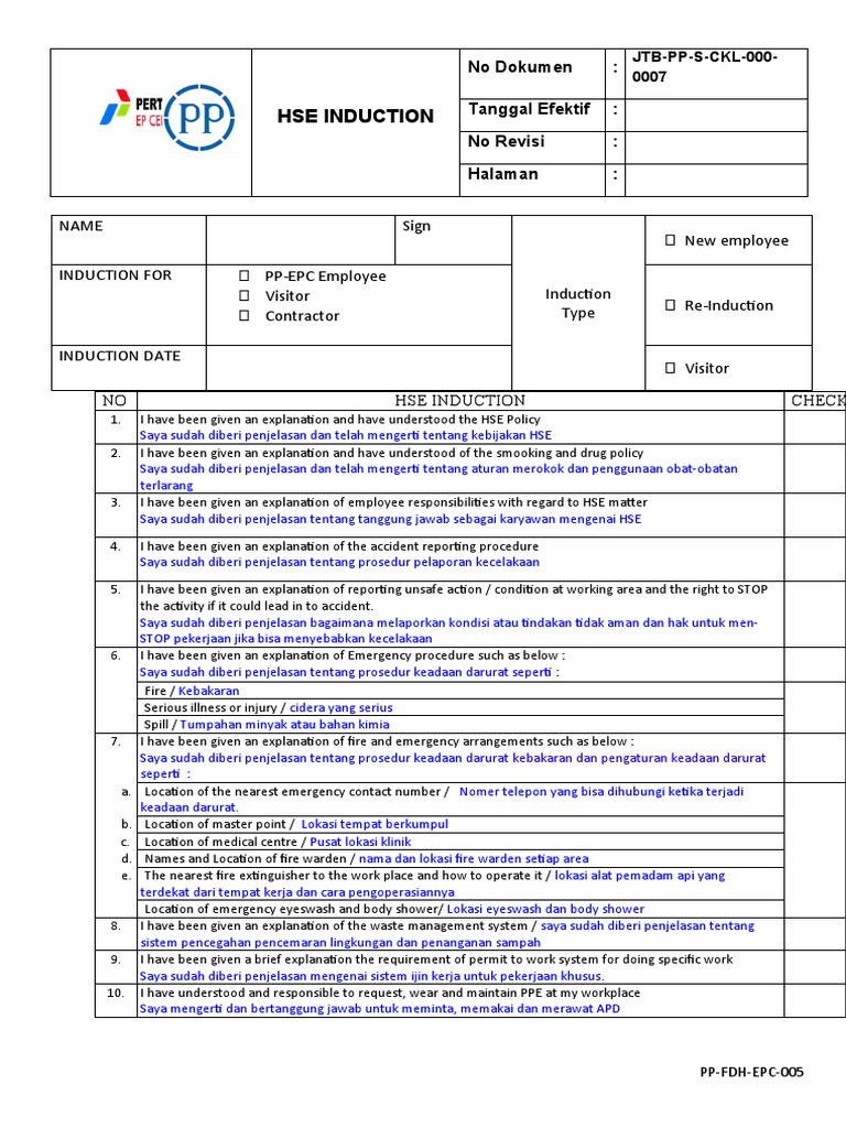 JTB-PP-S-CKL-000-0007 07. Form Hse Induction Jakarta Office | PDF ...