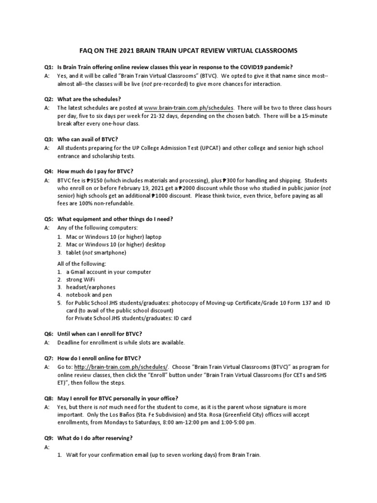 Faq On The 2021 Brain Train Upcat Review Virtual Classrooms | Download ...