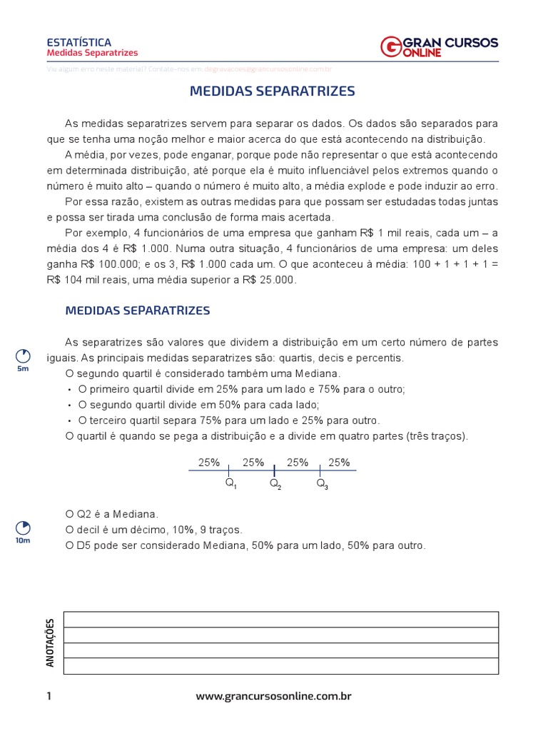 Aula 19 - Medidas Separatrizes | PDF | Mediana (Estatística) | Média