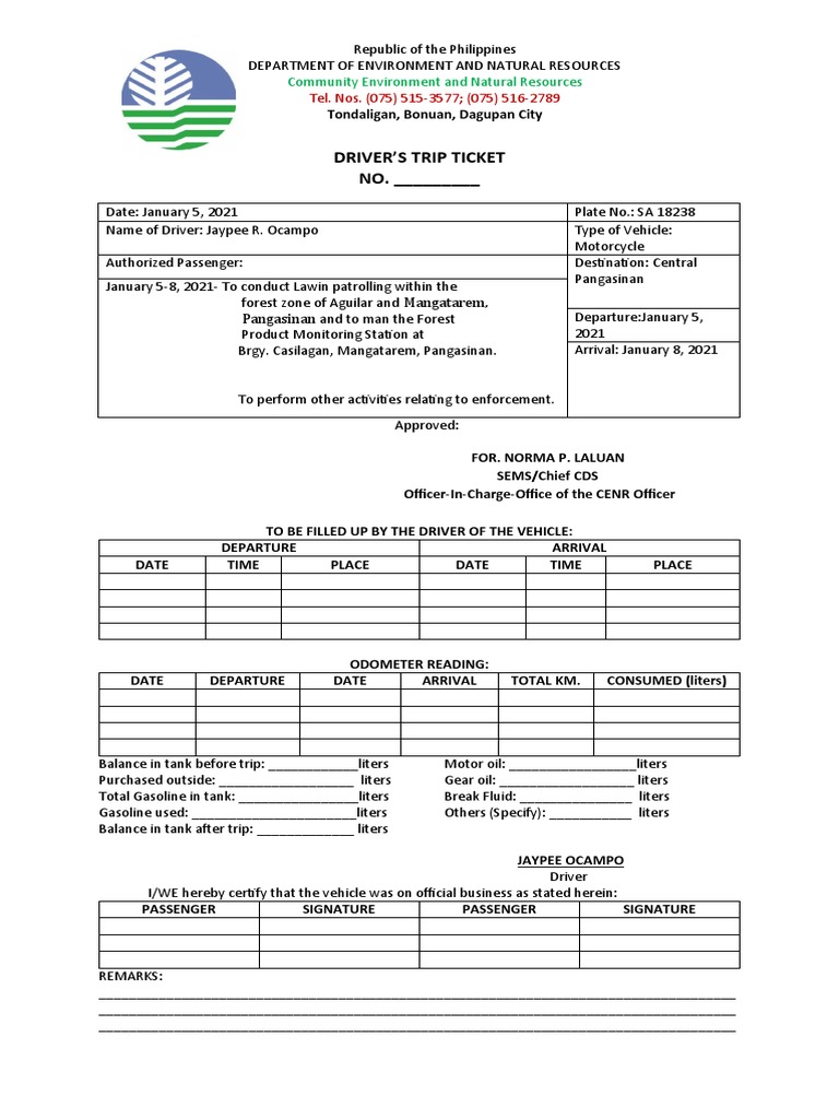 Driver'S Trip Ticket NO. - : Community Environment and Natural ...