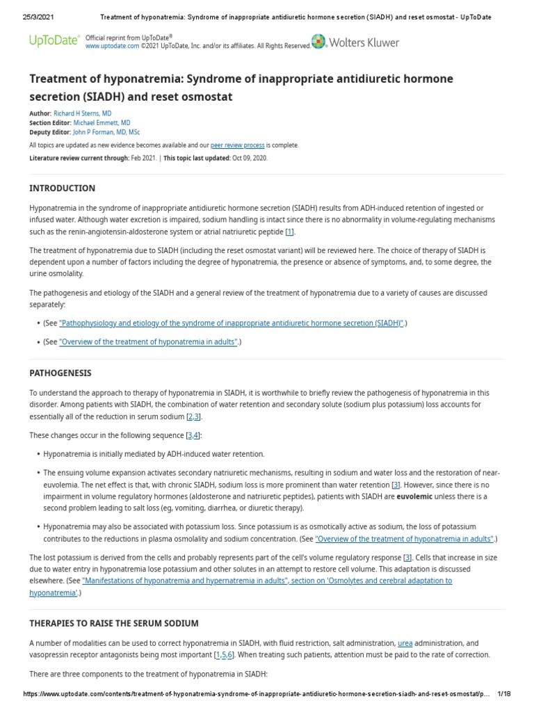Treatment of Hyponatremia - Syndrome of Inappropriate Antidiuretic ...