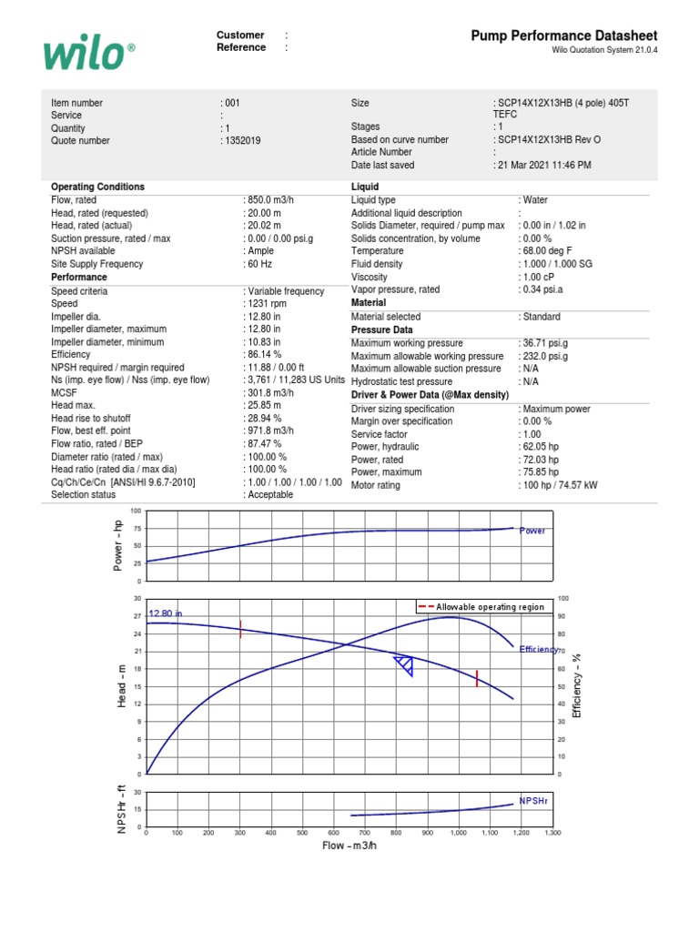 Pump Performance Datasheet: Customer Reference | PDF | Pressure | Pump