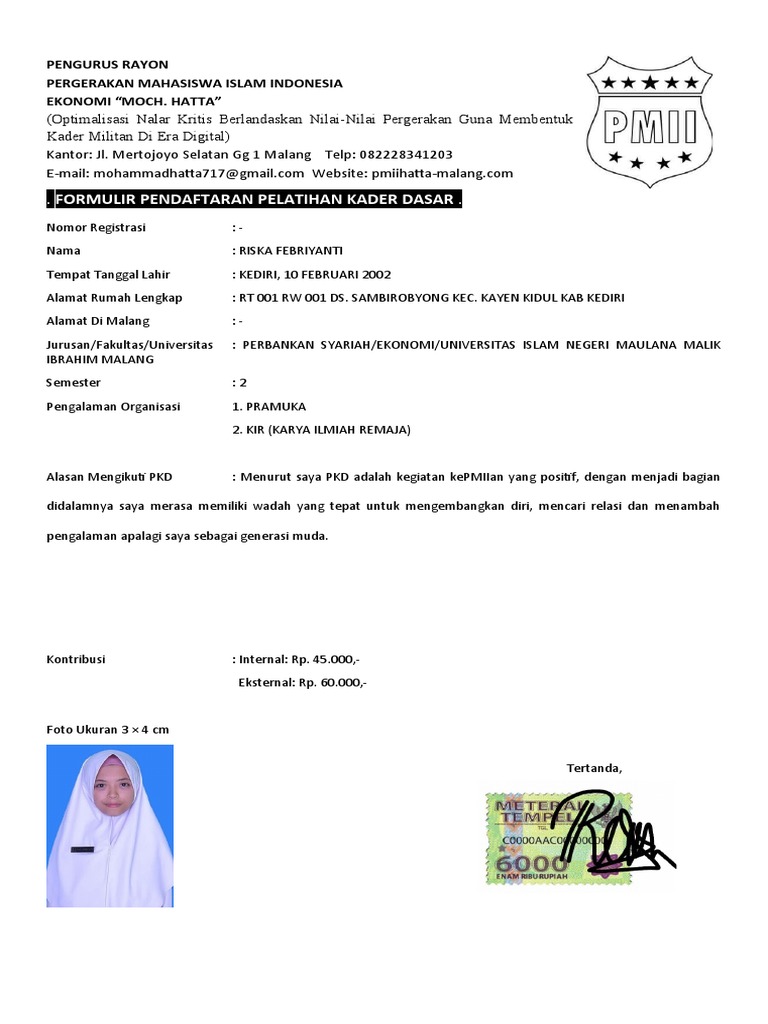 Formulir Pendaftaran PKD Xviii Pmii Remh | PDF