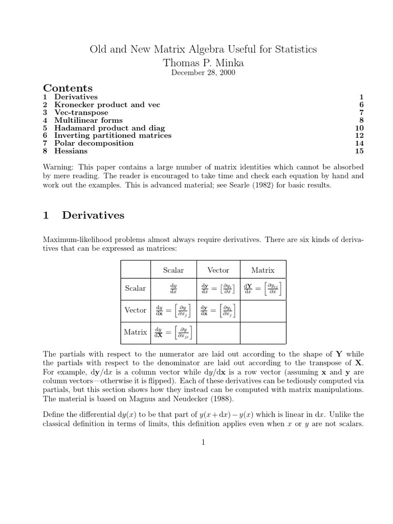 Thomas Minka - Note On Matrix Calculus and Algebra | PDF | Matrix (Mathematics) | Derivative