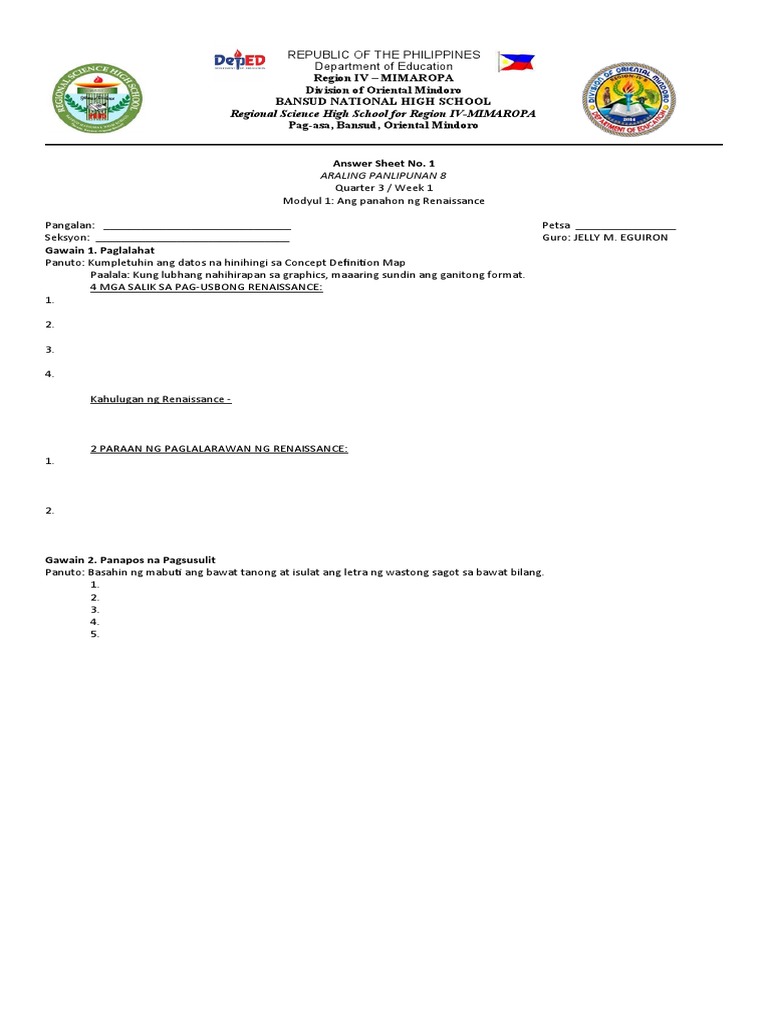 AP 8 Q3 Wk1 Ans. Sheet | PDF