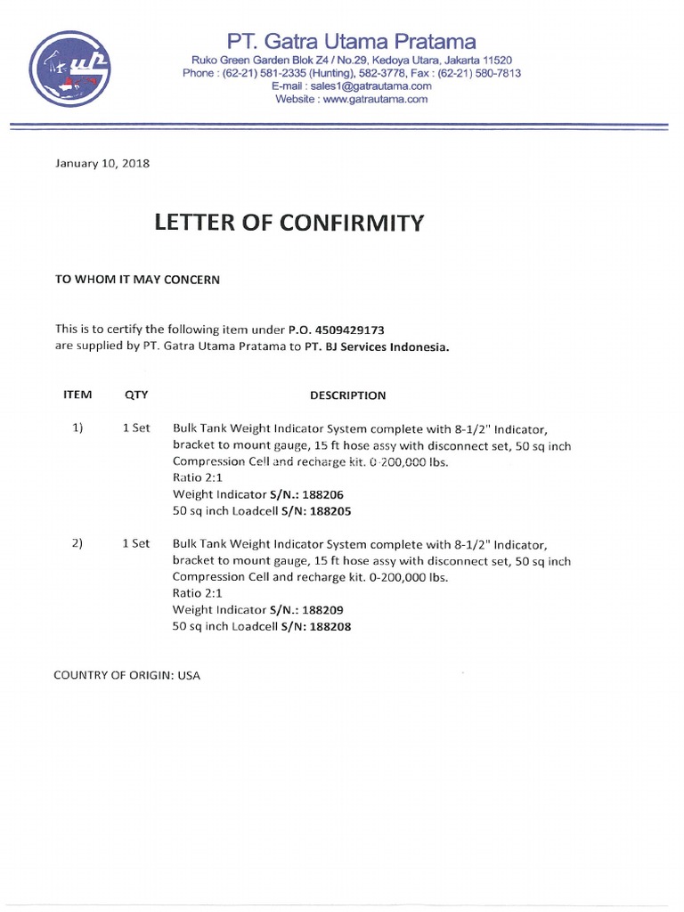 Letter of Conformity Bulk Tank Weight Indicator | PDF