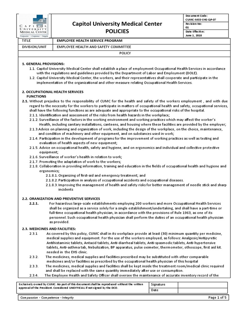 Capitol University Medical Center Policies | PDF | Occupational Safety ...