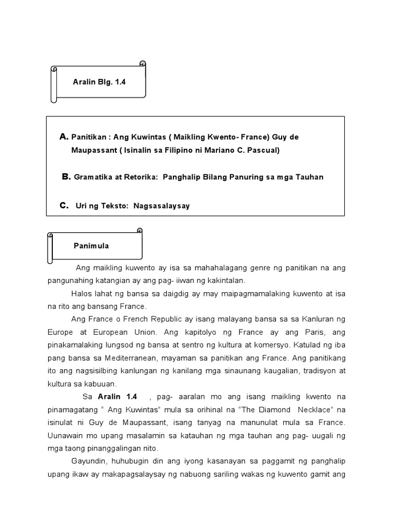 Modyul Aralin 1.4 Ang Kuwintas 1 | PDF
