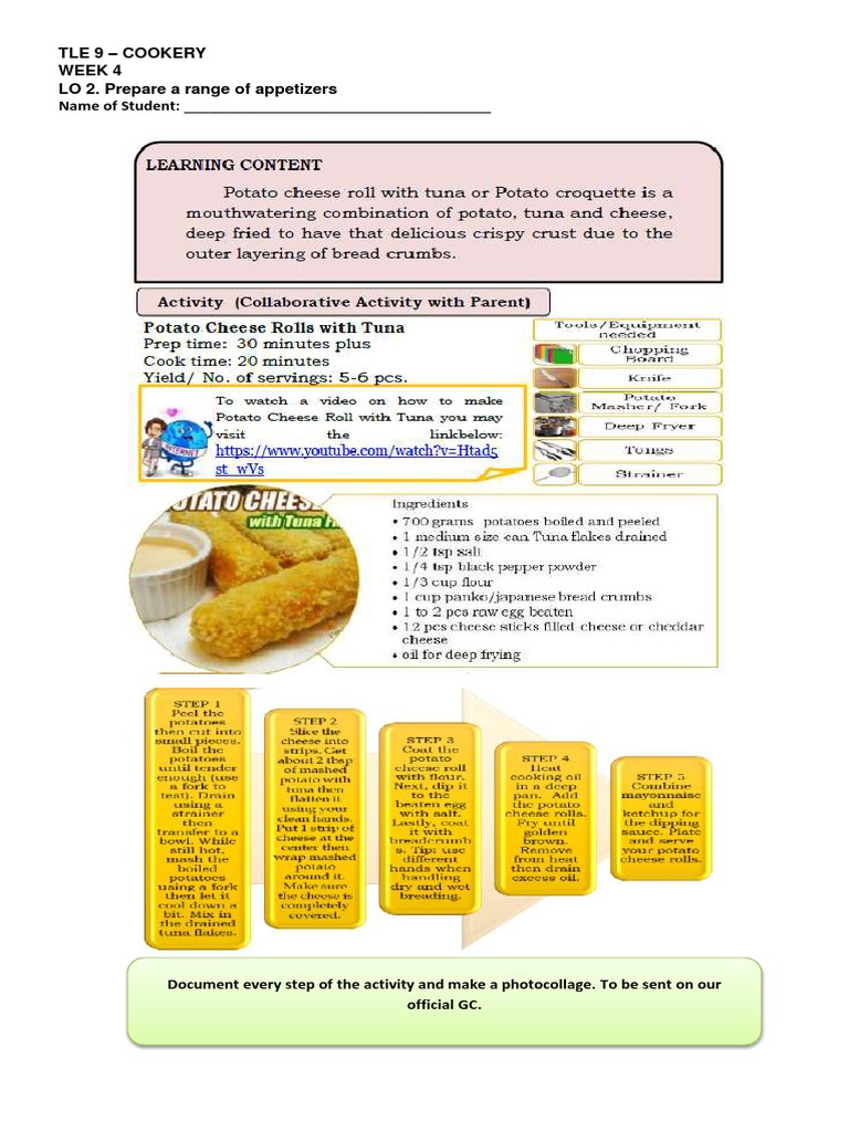 Tle 9 - Cookery Week 4 LO 2. Prepare A Range of Appetizers Name of ...