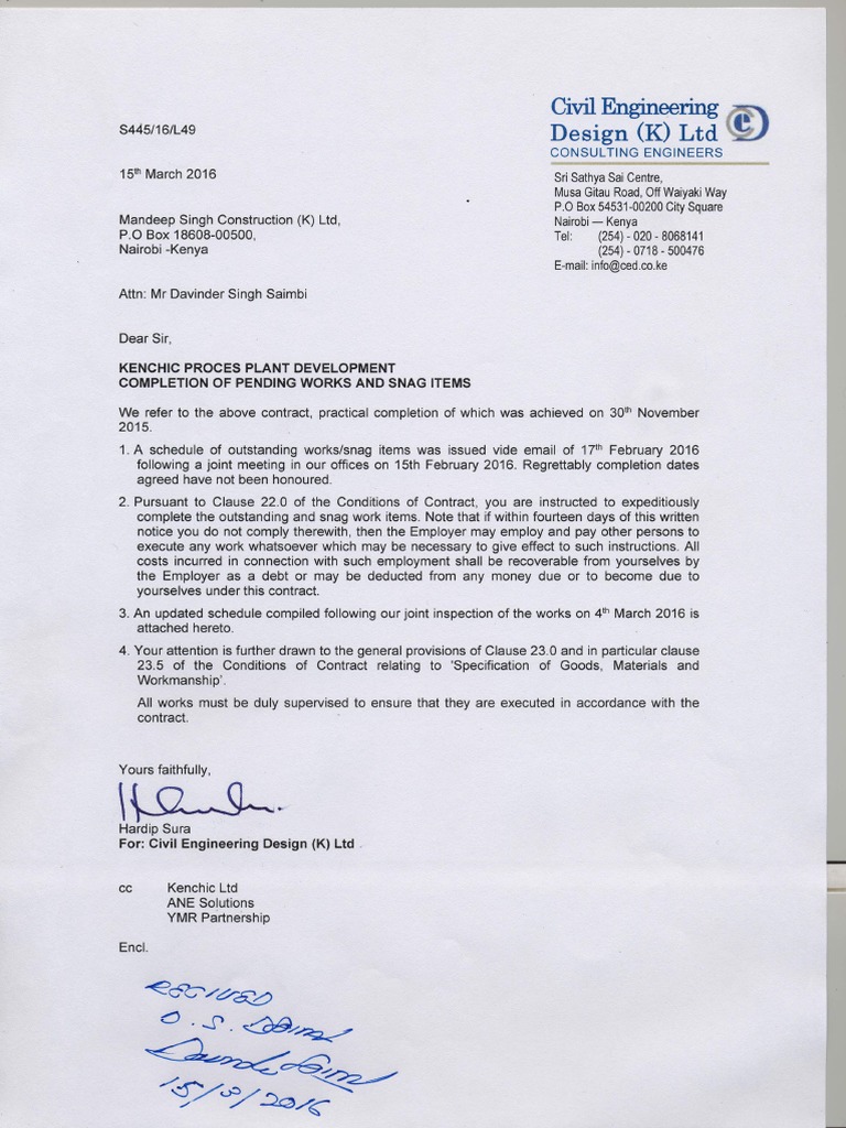 Completion of Pending Works and Snag Items. | PDF