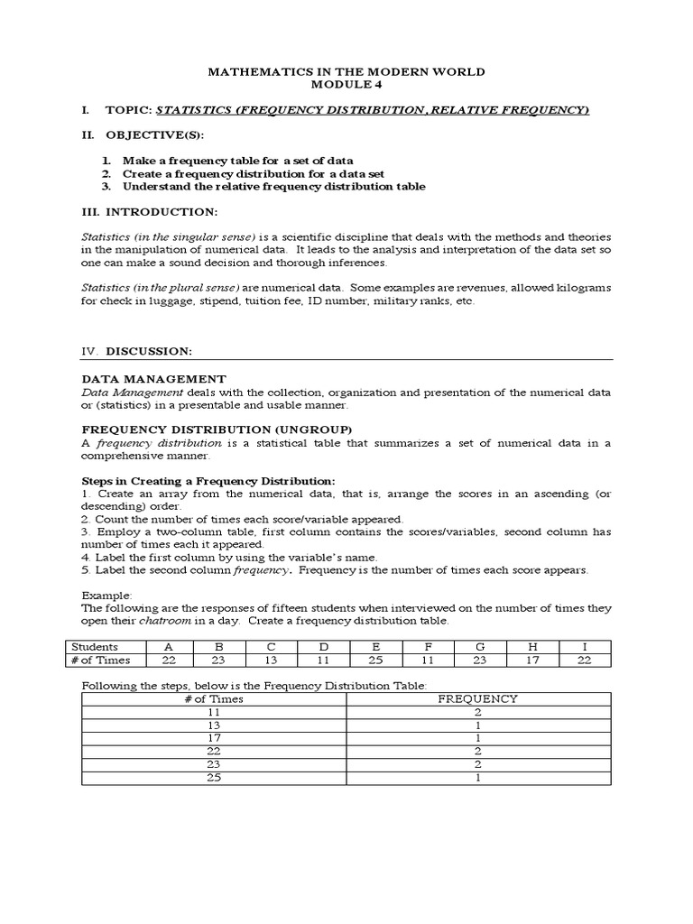 MMW Module 4 - Statistics - Data Management | PDF | Statistics | Data MMW Module 4 - Statistics - Data Management | PDF | Statistics | Data