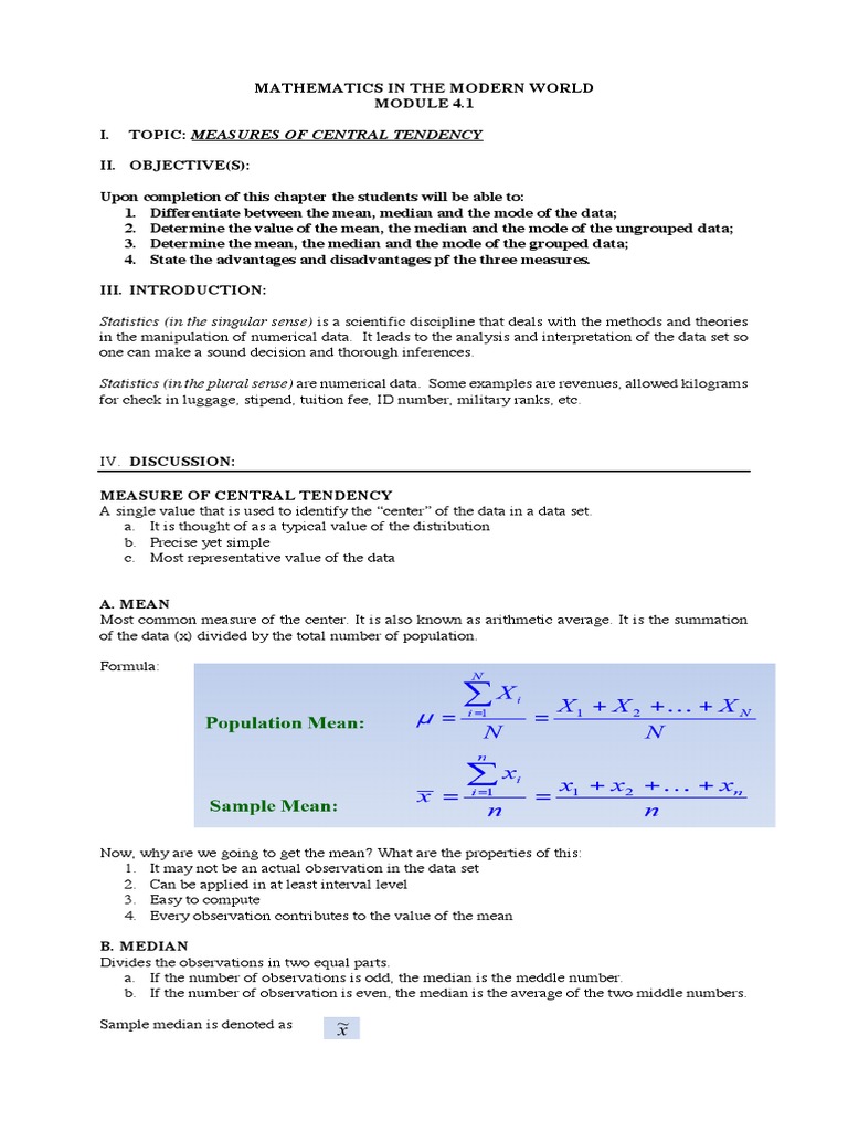 Measures of Central Tendency Math Module | PDF | Mean | Mode (Statistics)