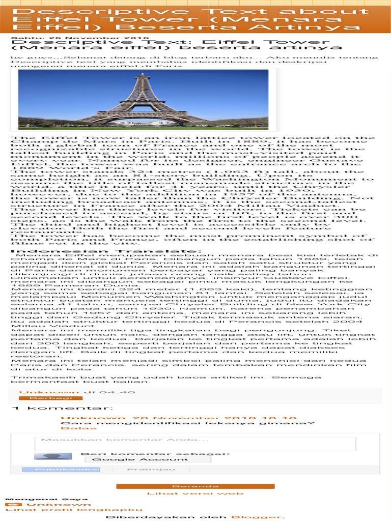 Descriptive Text About Eiffel Tower (Menara Eiffel) Beserta Artinya ...