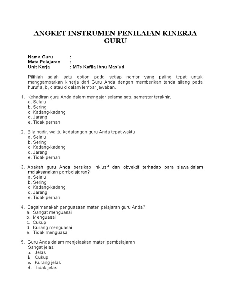 Lampiran - Angket Instrumen Penilaian Kinerja Guru | PDF