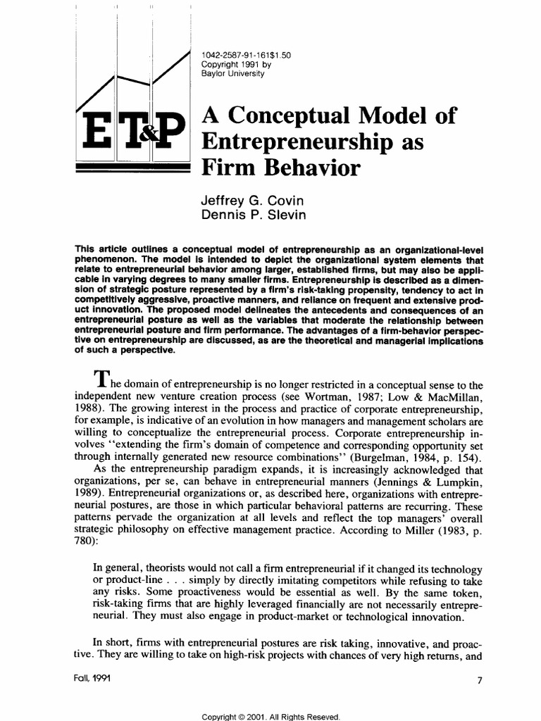 Covin and Slevin (1991) A Conceptual Model of Entrepreneurship Behavior ...