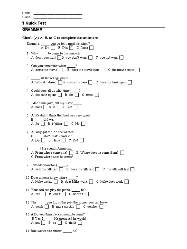 English Grammar Quick Test | PDF | Stress (Linguistics) | Linguistics