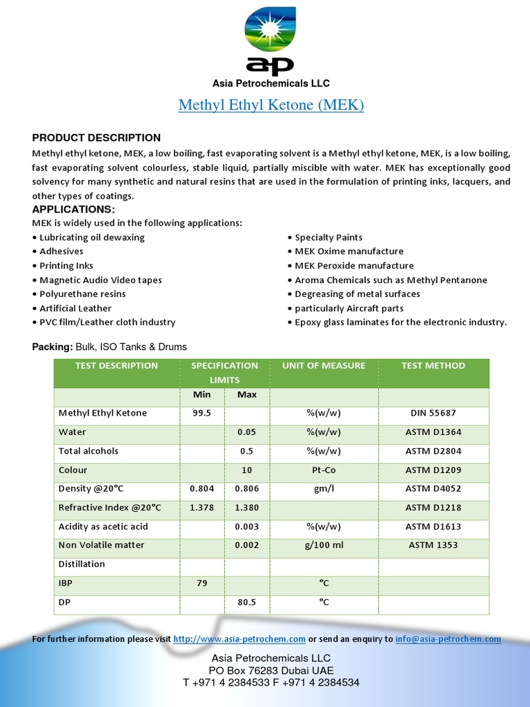 Methyl Ethyl Ketone (MEK) : Product Description | PDF | Solvent | Paint