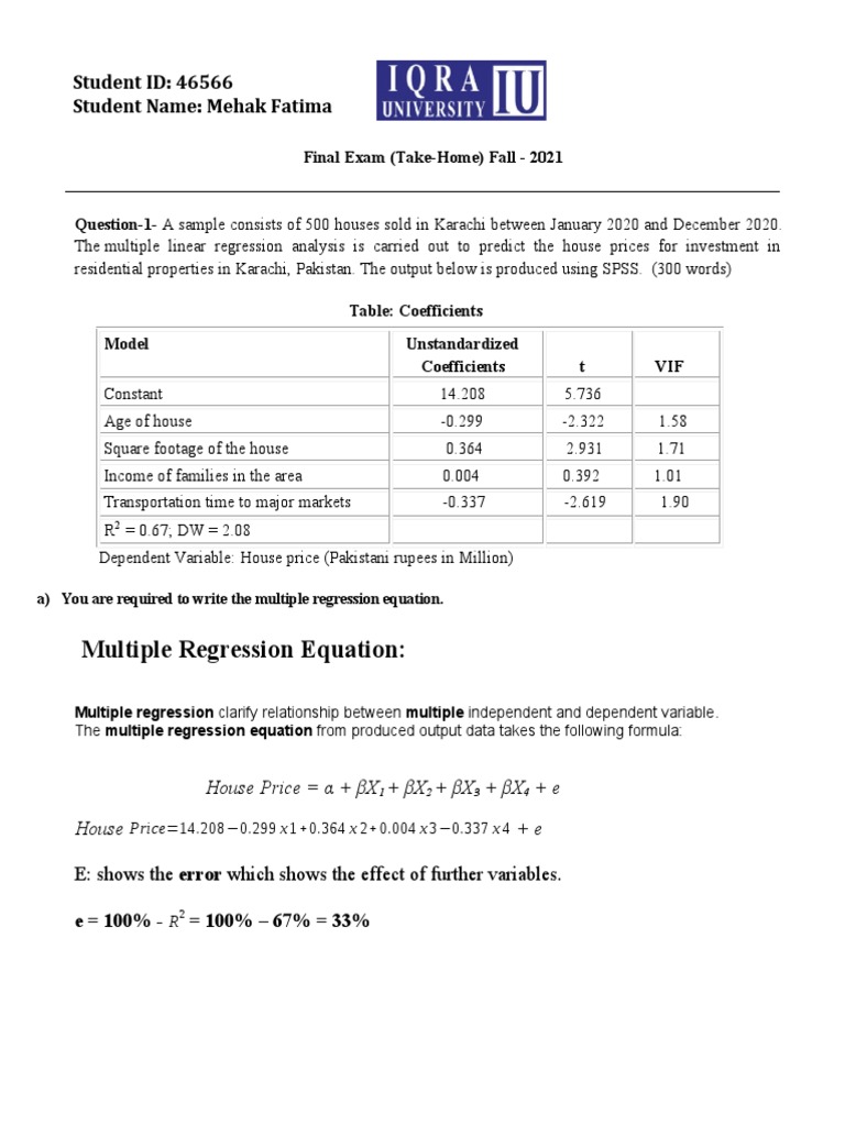 Mehak Fatima QRM Exam | PDF | Regression Analysis | P Value