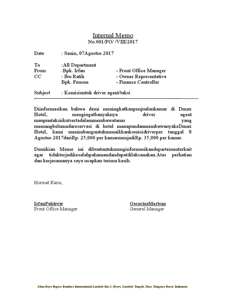 Internal Memo - Komisi Driver Agent Dan Taksi | PDF | Bisnis
