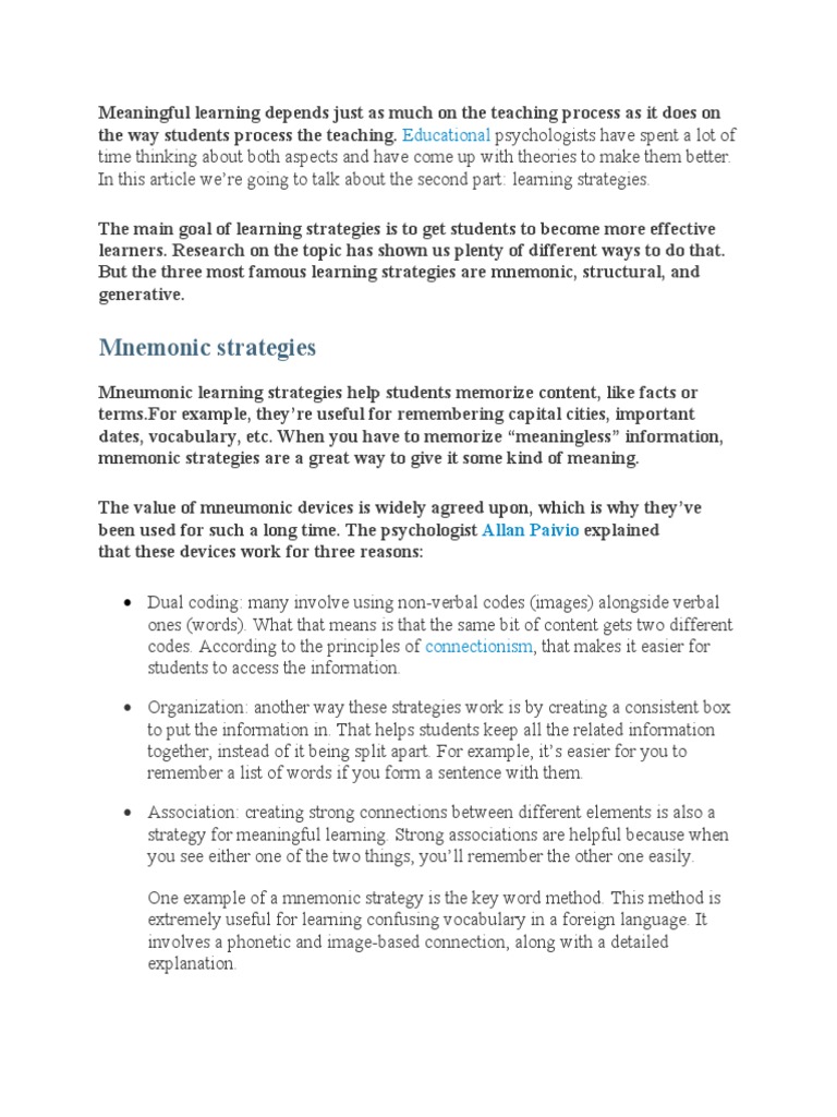Mnemonic Strategies: Educational | PDF | Mnemonic | Teaching