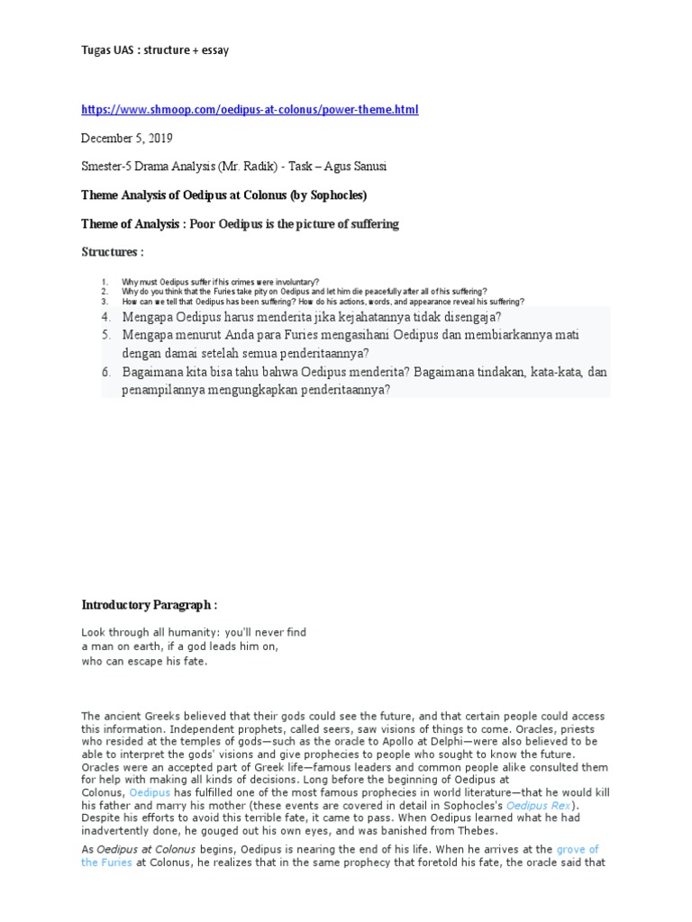 Smester-5 Drama Analysis - Task 5 Dec 2019 - Theme Analysis Oedipus at ...