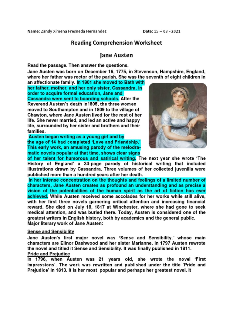 Reading Comprehension Worksheet Jane Austen | Download Free PDF | Jane ...