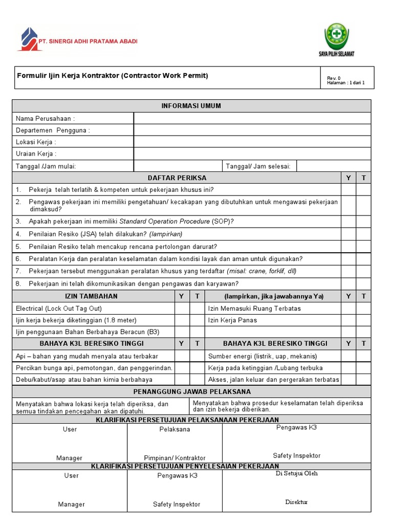 FORM PERMINTAAN IJIN KERJA KONTRAKTOR | PDF