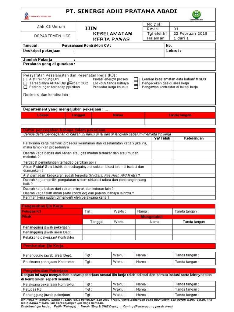 Izin Kerja Panas PT. Sinergi Adhi | PDF