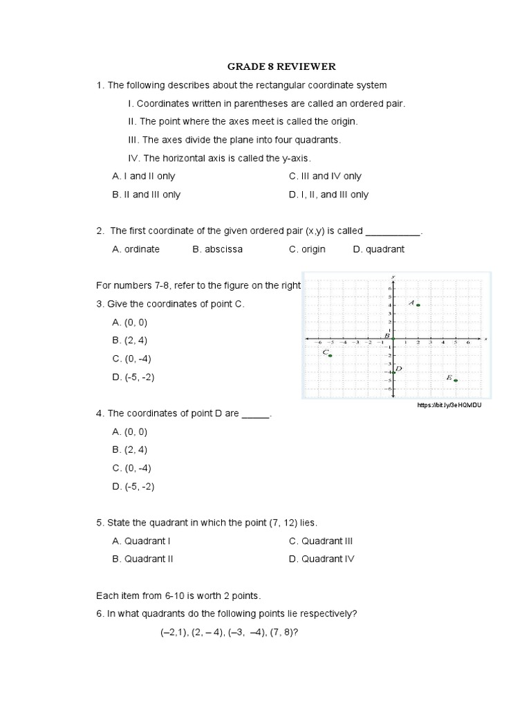 Grade 8 Reviewer Pdf Cartesian Coordinate System Equations