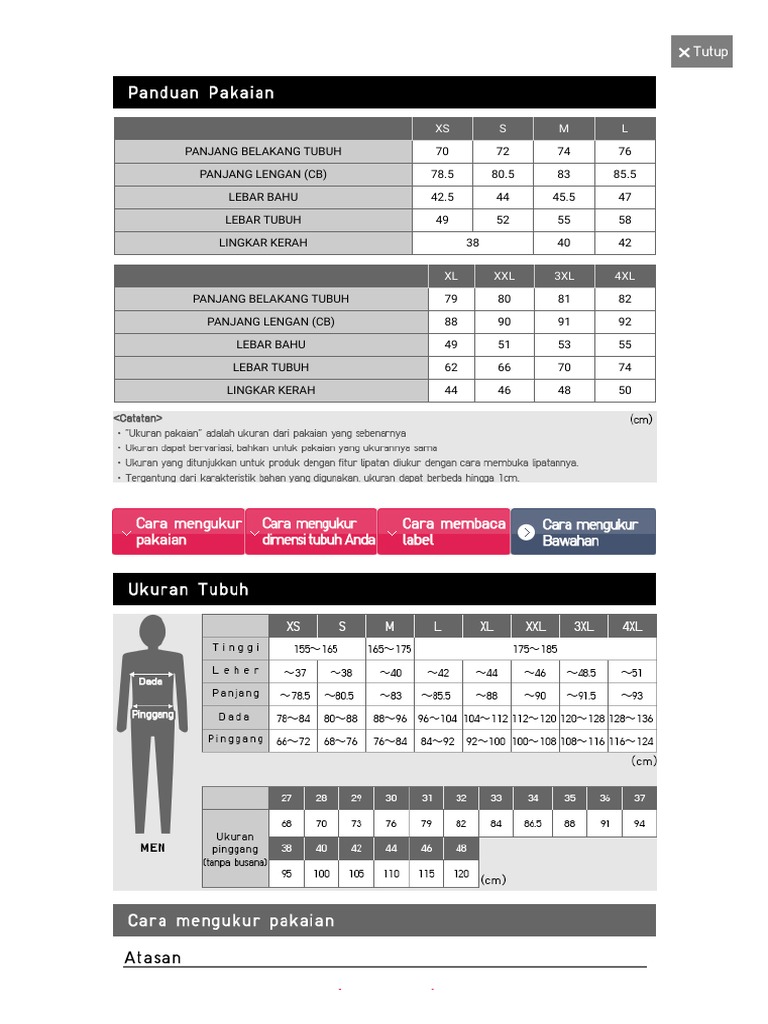 Tabel Ukuran Uniqlo | PDF