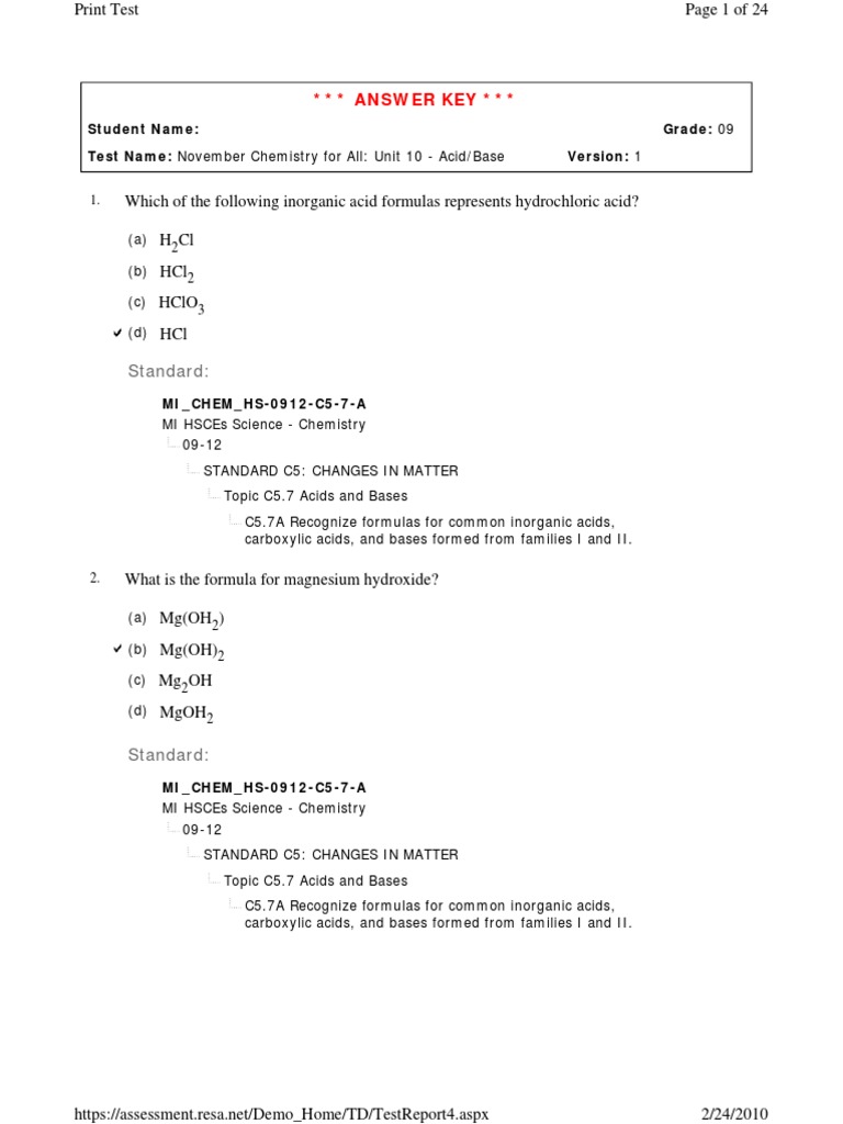 November Chemistry Test Answers | PDF | Ph | Acid