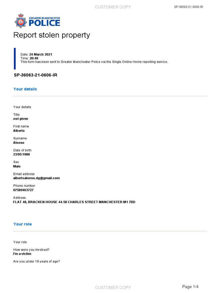 Formsubmission Report Stolen Property Form SP 36063 21 0606 Ir | PDF ...
