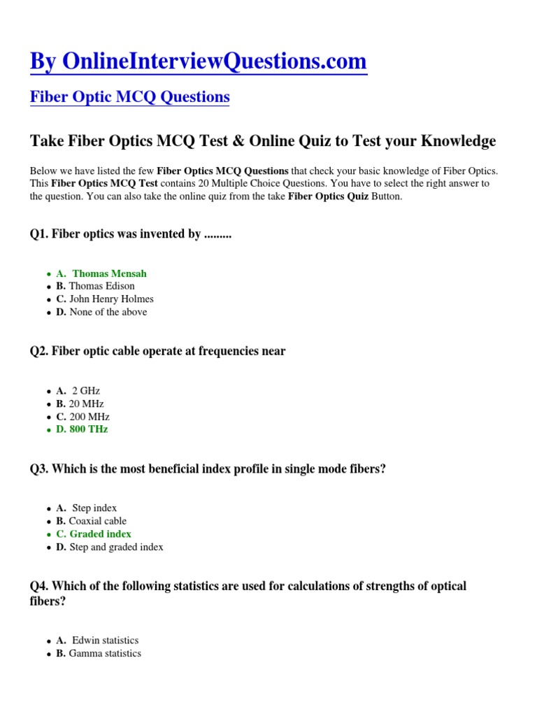 Fiber Optics Quiz PDF | PDF | Science & Mathematics | Technology ...