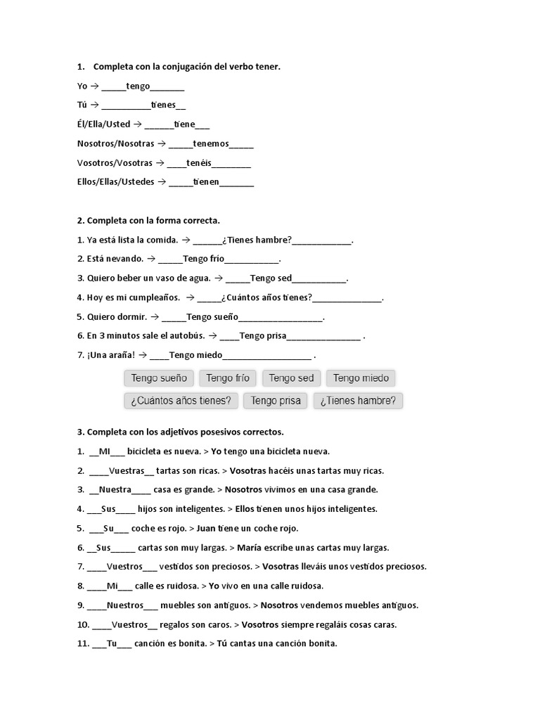 Ejercicios Verbo Tener-Adjetivos Posesivos | PDF | Estudios de idiomas ...