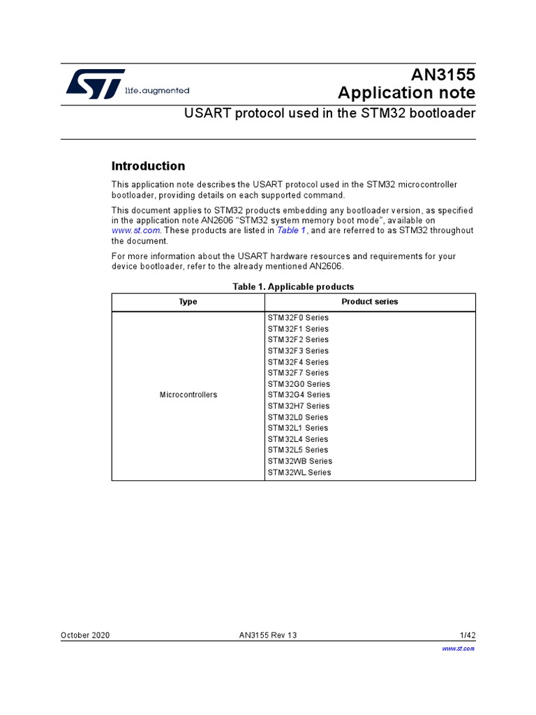 AN3155 Application Note: USART Protocol Used in The STM32 Bootloader | PDF | Transmission ...