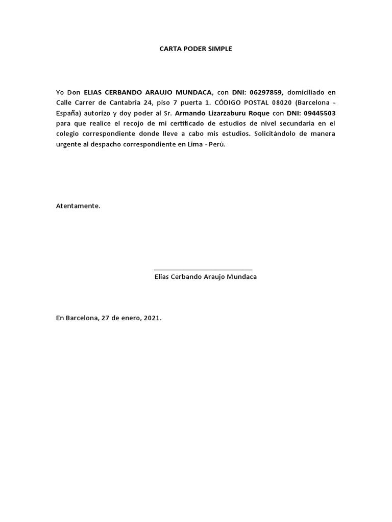 Carta poder simple para el recojo de un certificado de estudios ...