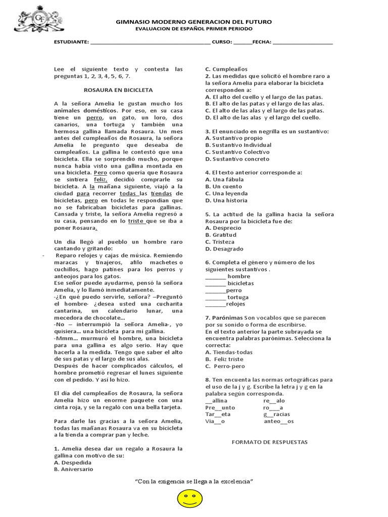 EVALUACION DE ESPAÑOL Primer Periodo | PDF
