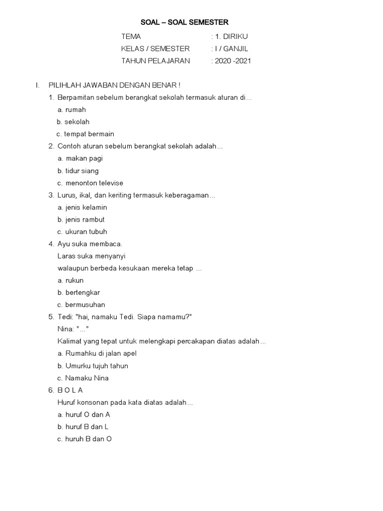 Soal Semester Ganjil Tema 1 | PDF | Seni & Disiplin Bahasa | Seni
