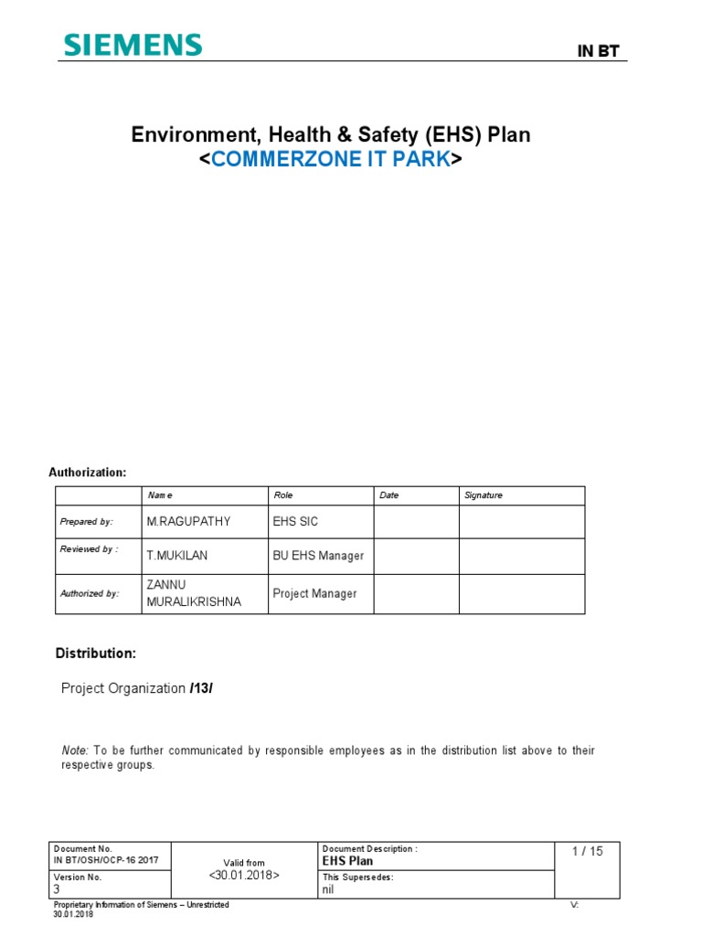 Environment, Health & Safety (EHS) Plan : Commerzone It Park | PDF ...