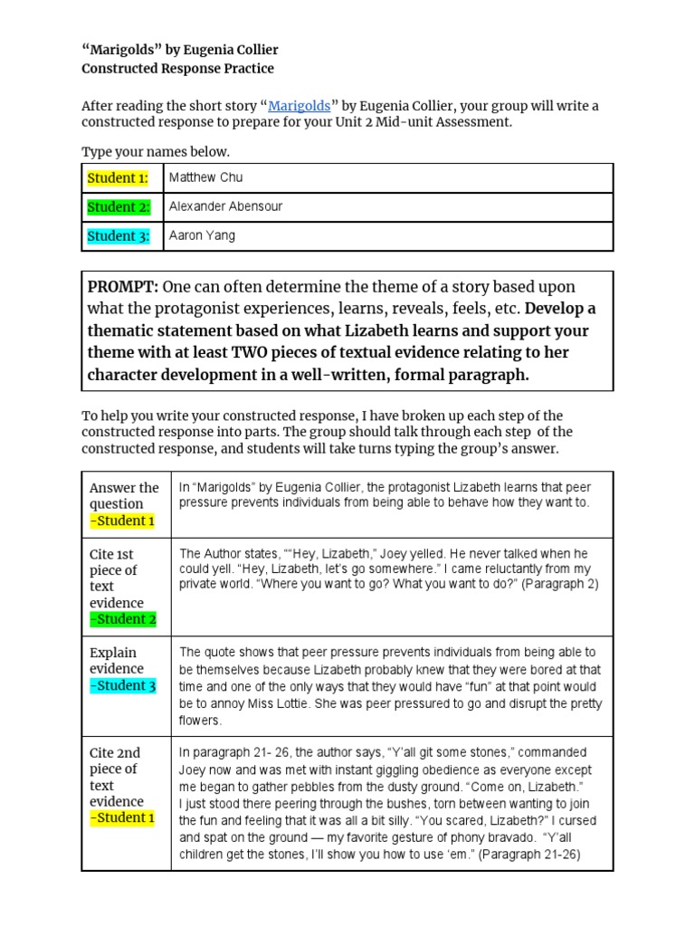 By Eugenia Collier Marigolds Answers