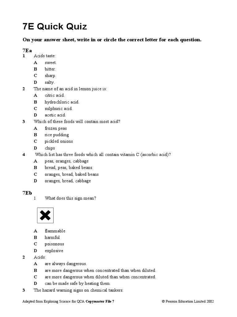 7E Quick Quiz: On Your Answer Sheet, Write in or Circle The Correct ...
